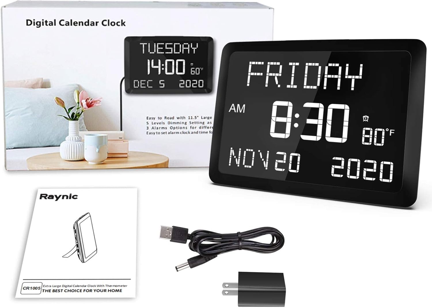 Raynic Digital Clock, 11.5" Large LED Word Display Dimmable Digital Wall Clock,Adjustable Brightness Digital Alarm Clock with Day and Date,Indoor Temperature,Snooze,12/24H,DST for Home, Office,Elderly