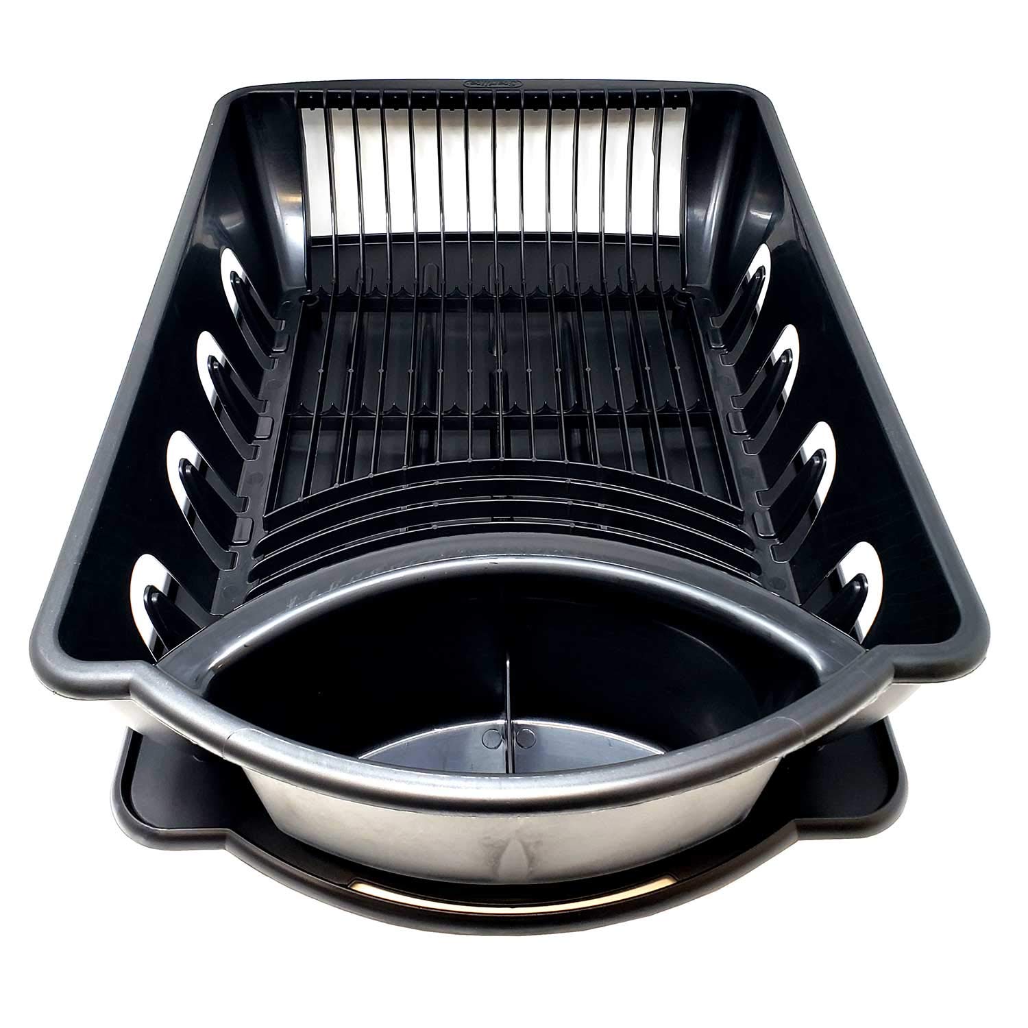 Heavy Duty Large Black Plastic Sink Set with Dish Rack with Drainer & Drainboard, Snap Lock Tab Cup Holders for Home Kitchen Sink Organizer Made in USA
