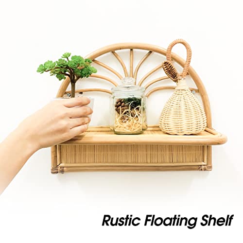 T'Furni Rattan Wall Shelf for Living Room Kitchen Wall Decor - Natural Rattan Floating Shelves - Semicircular Shelf Wall Decor - Natural Hanging Book - Wall Shelf with Storage