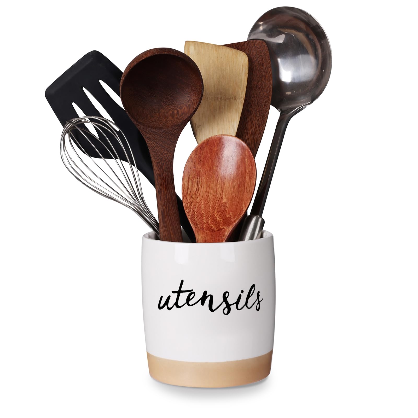 LEETOYI Ceramic Utensil Holder, Utensil Crock for Kitchen Counter, Countertop Utensil Storage Caddy Organizer, Farmhouse Kitchen Decor, Easy to Clean 33oz, White