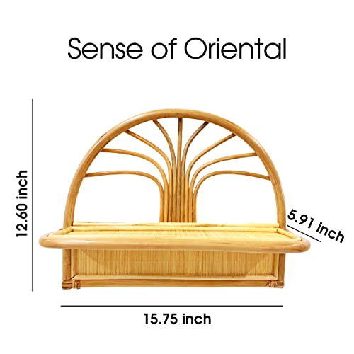 T'Furni Rattan Wall Shelf for Living Room Kitchen Wall Decor - Natural Rattan Floating Shelves - Semicircular Shelf Wall Decor - Natural Hanging Book - Wall Shelf with Storage