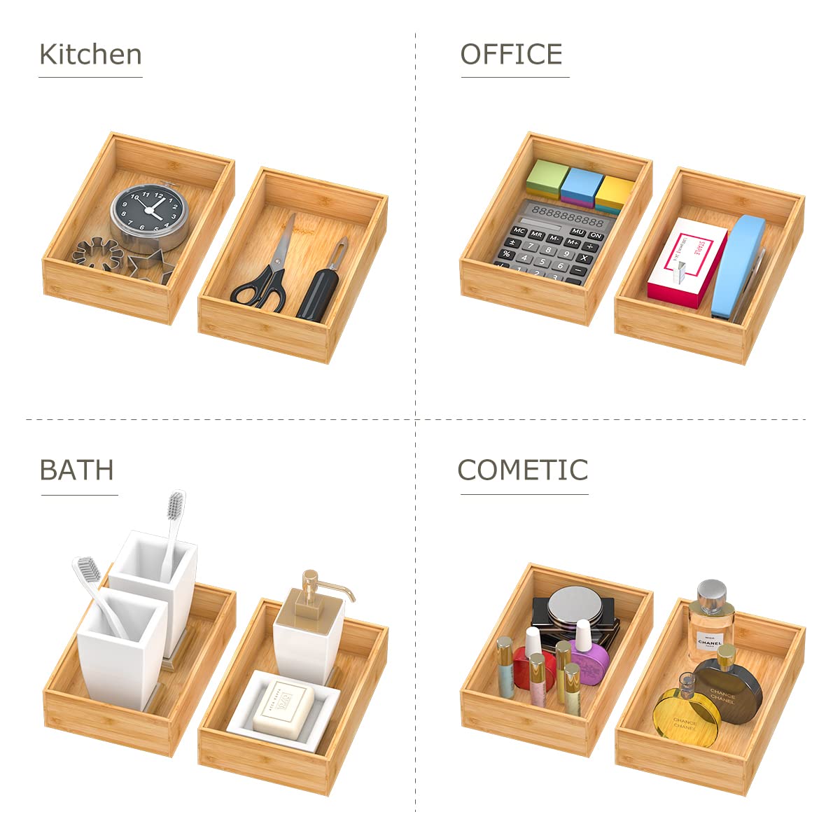 Bamboo Drawer Organizer Storage Box Kitchen - Wood Stackable Tray Set of 2 (9x6x2 inch)