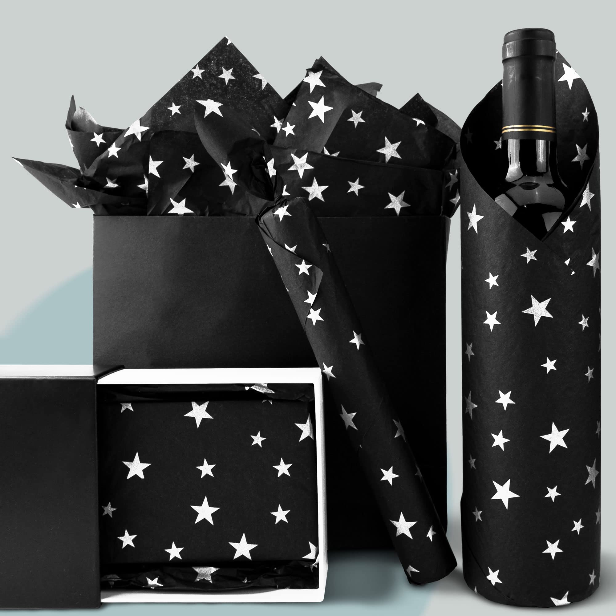100 Sheets Black with Silver Star Tissue Paper,Black Silver Tissue Paper for Gift Bags,Silver Gift Wrapping Tissue for Halloween Christmas,Wedding,Birthday,14 x 20 Inch
