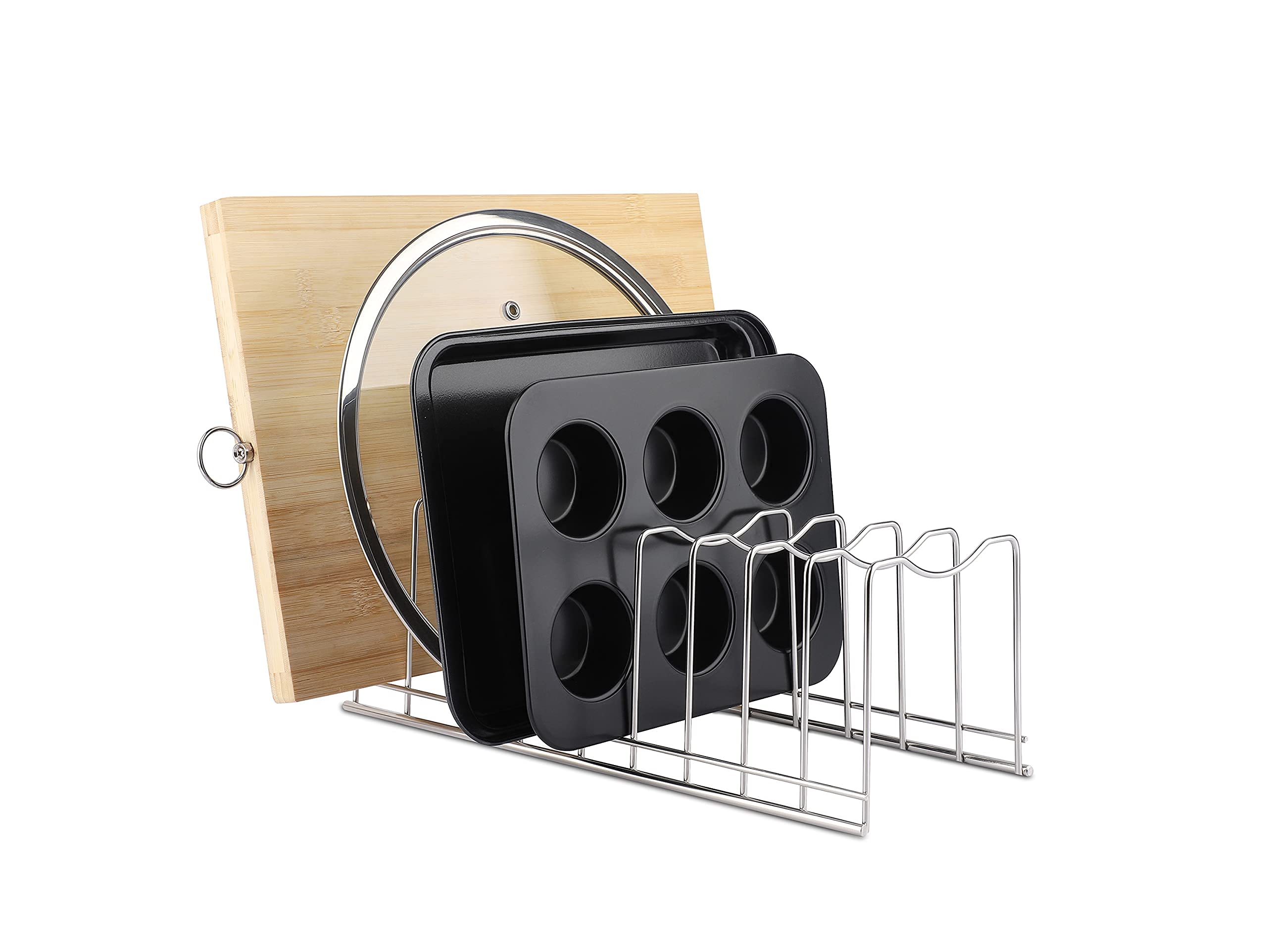 2 Pack HS Ideas Pot Lid Organizer, Kitchen Plate Rack Holder Rest,Pan and Pot Lid Holder for Cutting Boards, Bakeware, Cooling Rack, Serving Trays,Pantry and Cabinet Holder - Silver Finish…