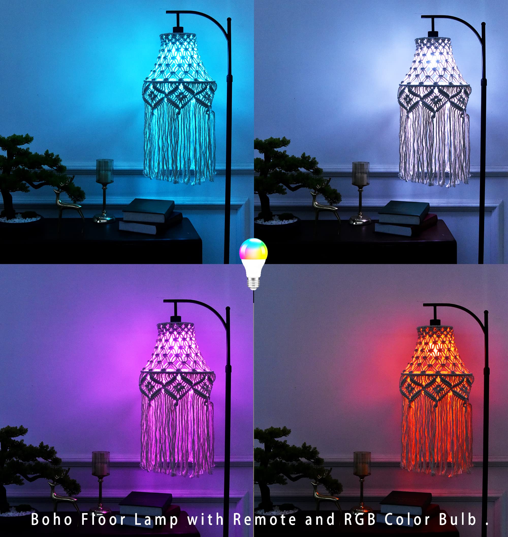 QIYIZM Boho Floor Lamp for Living Room Bedroom,Bohemian Standing Lamp with Control and Dimmable RGB Bulb,Farmhouse Adjustable Floor Light,Macrame Fringe Lamp Shades,Modern Arc Tall Lamp(Colorful Bulb)