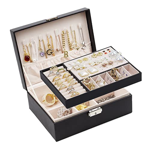 SYCARON 2023 Upgraded Jewelry Organizer Box for Women Girls, Large Travel Jewellry Organizer Case 2 Layer PU Leather Soft Lining with Lock for Rings Earrings Necklace Bracelets, Black