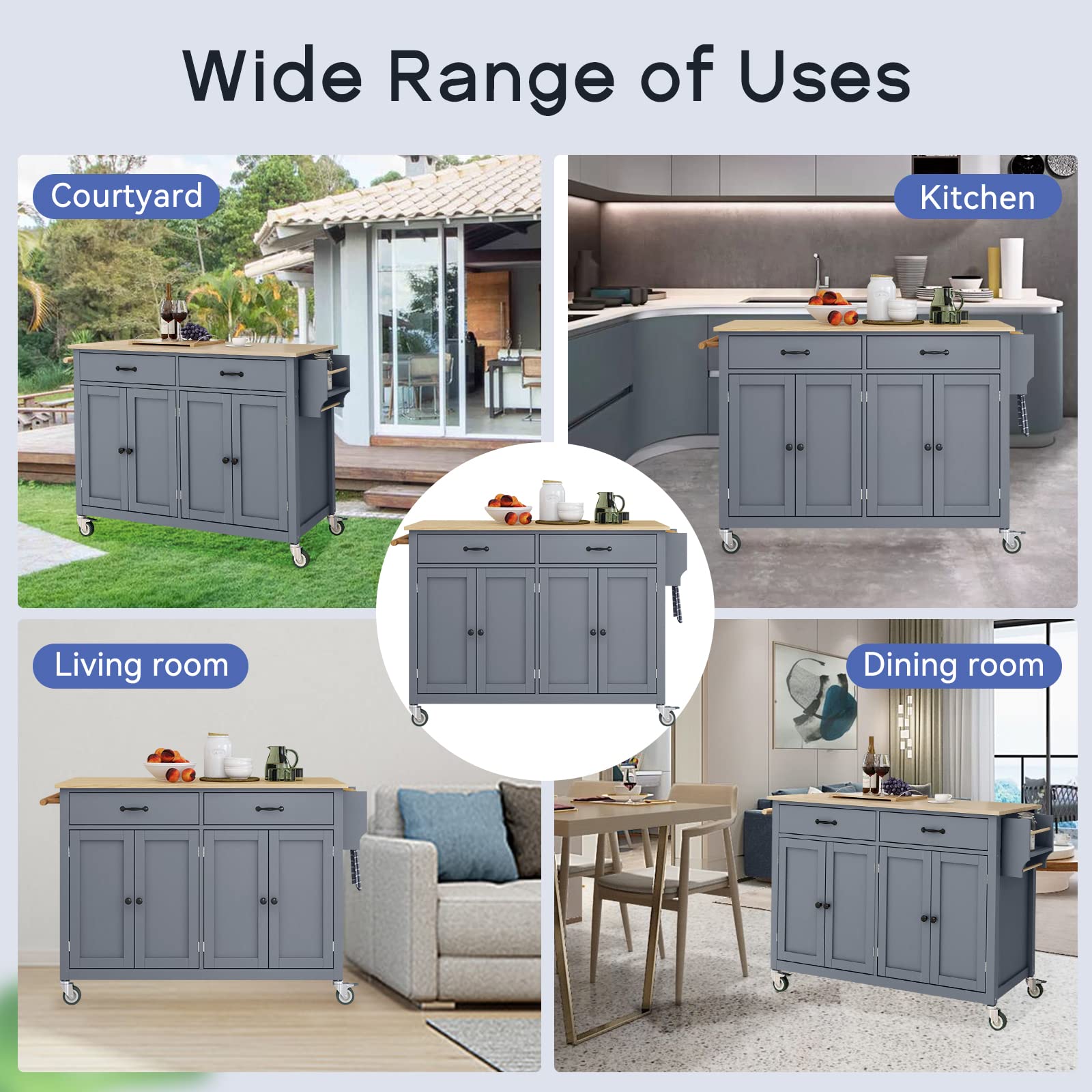 LETESA Rolling Mobile Kitchen Island 54.3'' with Solid Wood Top and 2 Locking Wheels, Adjustable Storage Shelves 4 Door Cabinet and Two Drawers Spice Rack, Towel Rack for Dining Room (Blue)