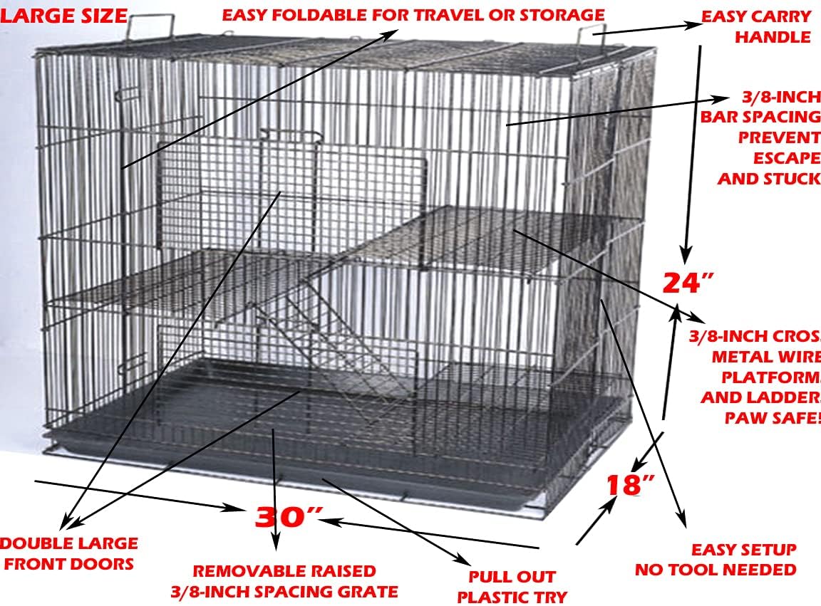 30" Large 3-Levels Easy Foldable Chew-Proof Tight Bar Spacing Ferret Chinchilla Sugar Glider Rats Mice Mouse Rodent Hamster Gerbil Hedgehog Small Animal Critter Metal Travel Carrier Cage