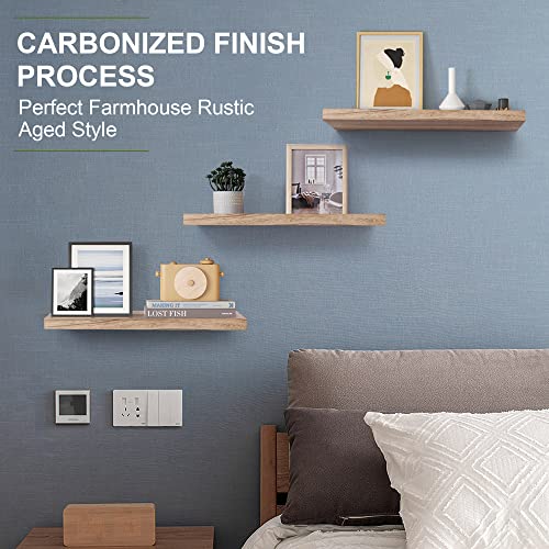 Floating Shelves, 17 Inch Wall Shelf Set of 3, Rustic Wood Shelves for Wall Storage, Wall Mounted Wooden Display Shelf for Bathroom Bedroom Kitchen Garage, Carbonized Black
