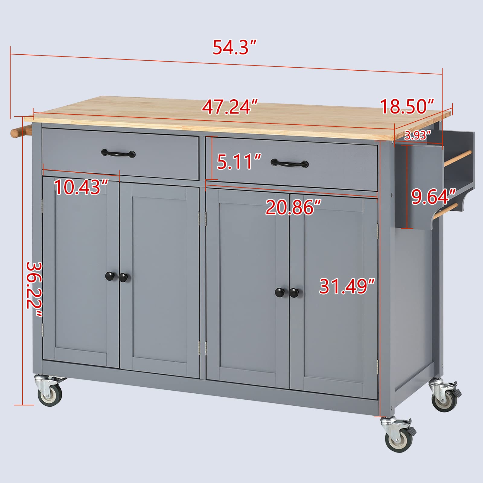 LETESA Rolling Mobile Kitchen Island 54.3'' with Solid Wood Top and 2 Locking Wheels, Adjustable Storage Shelves 4 Door Cabinet and Two Drawers Spice Rack, Towel Rack for Dining Room (Blue)