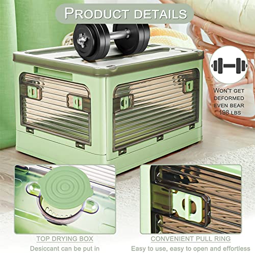 ZJTL 56 Quart Collapsible Storage Bins,Transparent Storage Bins with Wheels,Stackable Storage Bins with Lids,Plastic Storage Container with 5 Doors for Clothes, Toy, Books and Grocery (56Qt, Green)