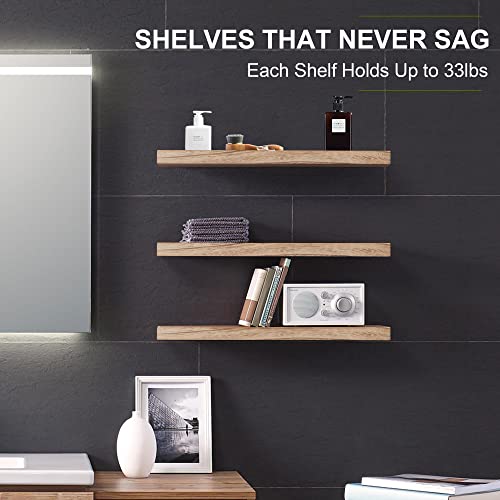 Floating Shelves, 17 Inch Wall Shelf Set of 3, Rustic Wood Shelves for Wall Storage, Wall Mounted Wooden Display Shelf for Bathroom Bedroom Kitchen Garage, Carbonized Black