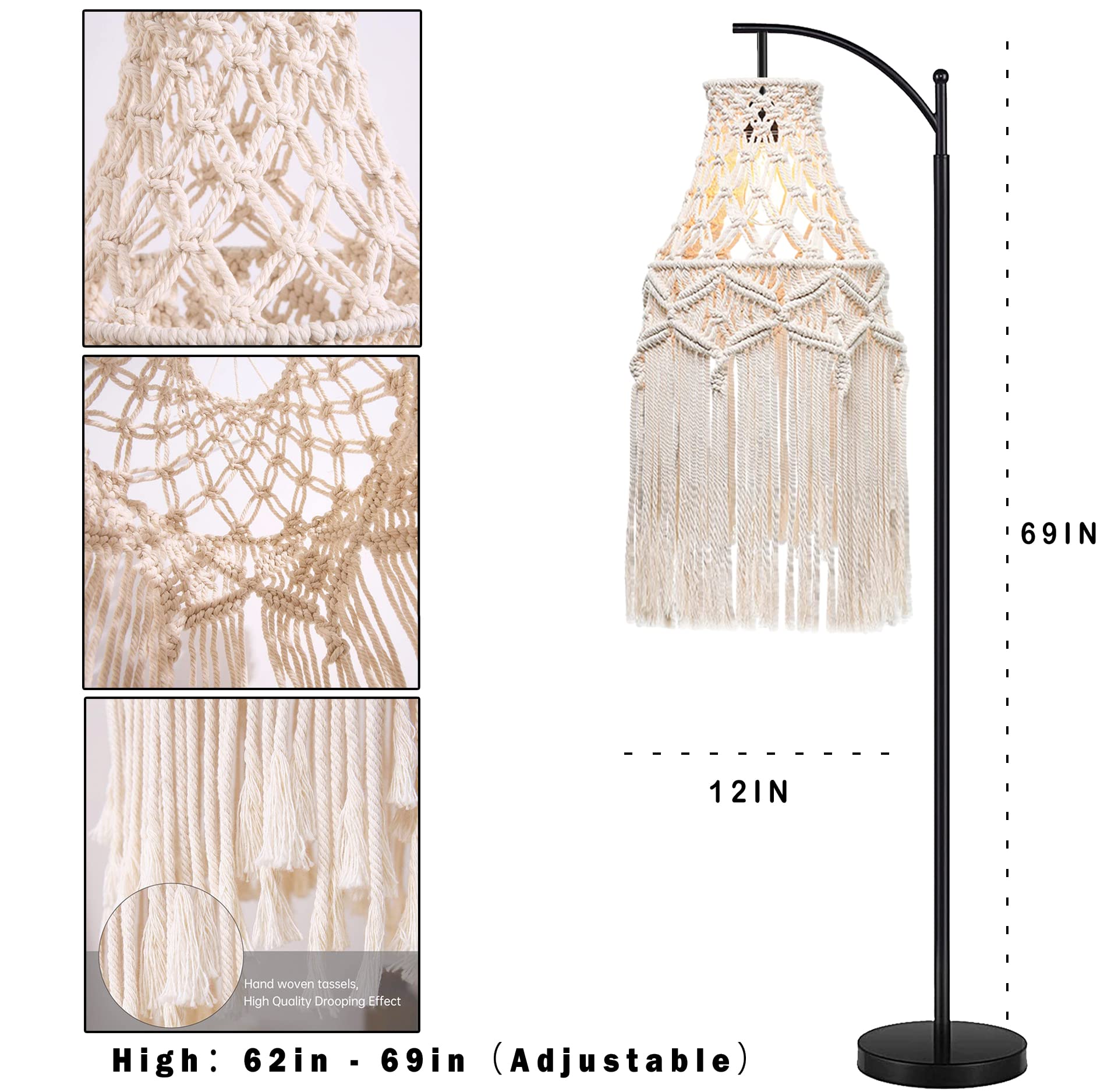 QIYIZM Boho Floor Lamp for Living Room Bedroom,Bohemian Standing Lamp with Control and Dimmable RGB Bulb,Farmhouse Adjustable Floor Light,Macrame Fringe Lamp Shades,Modern Arc Tall Lamp(Colorful Bulb)