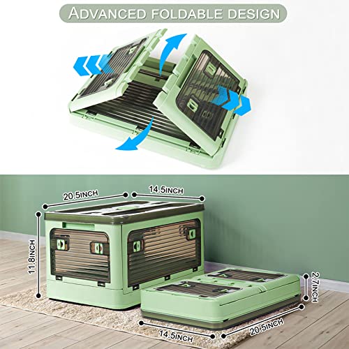 ZJTL 56 Quart Collapsible Storage Bins,Transparent Storage Bins with Wheels,Stackable Storage Bins with Lids,Plastic Storage Container with 5 Doors for Clothes, Toy, Books and Grocery (56Qt, Green)