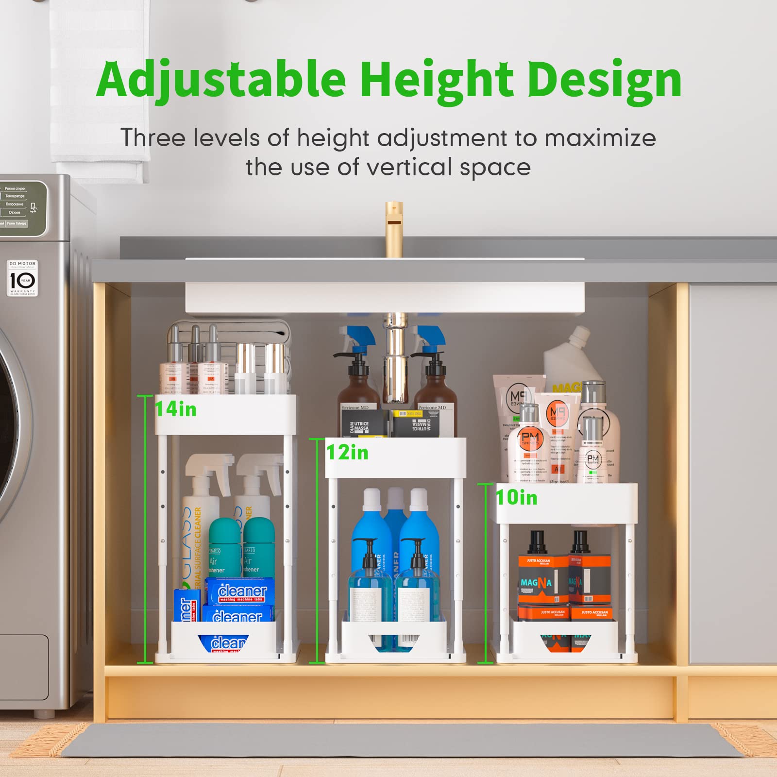 Seasky Adjustable Height Under Sink Organizers and Storage, 2 Tier Sliding Bathroom Organizer, Kitchen Organizer Multipurpose Under Sink Cabinet Storage with 4 Hooks and 1 Hanging Cup
