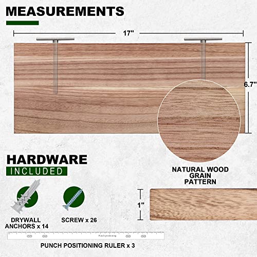 Floating Shelves, 17 Inch Wall Shelf Set of 3, Rustic Wood Shelves for Wall Storage, Wall Mounted Wooden Display Shelf for Bathroom Bedroom Kitchen Garage, Carbonized Black