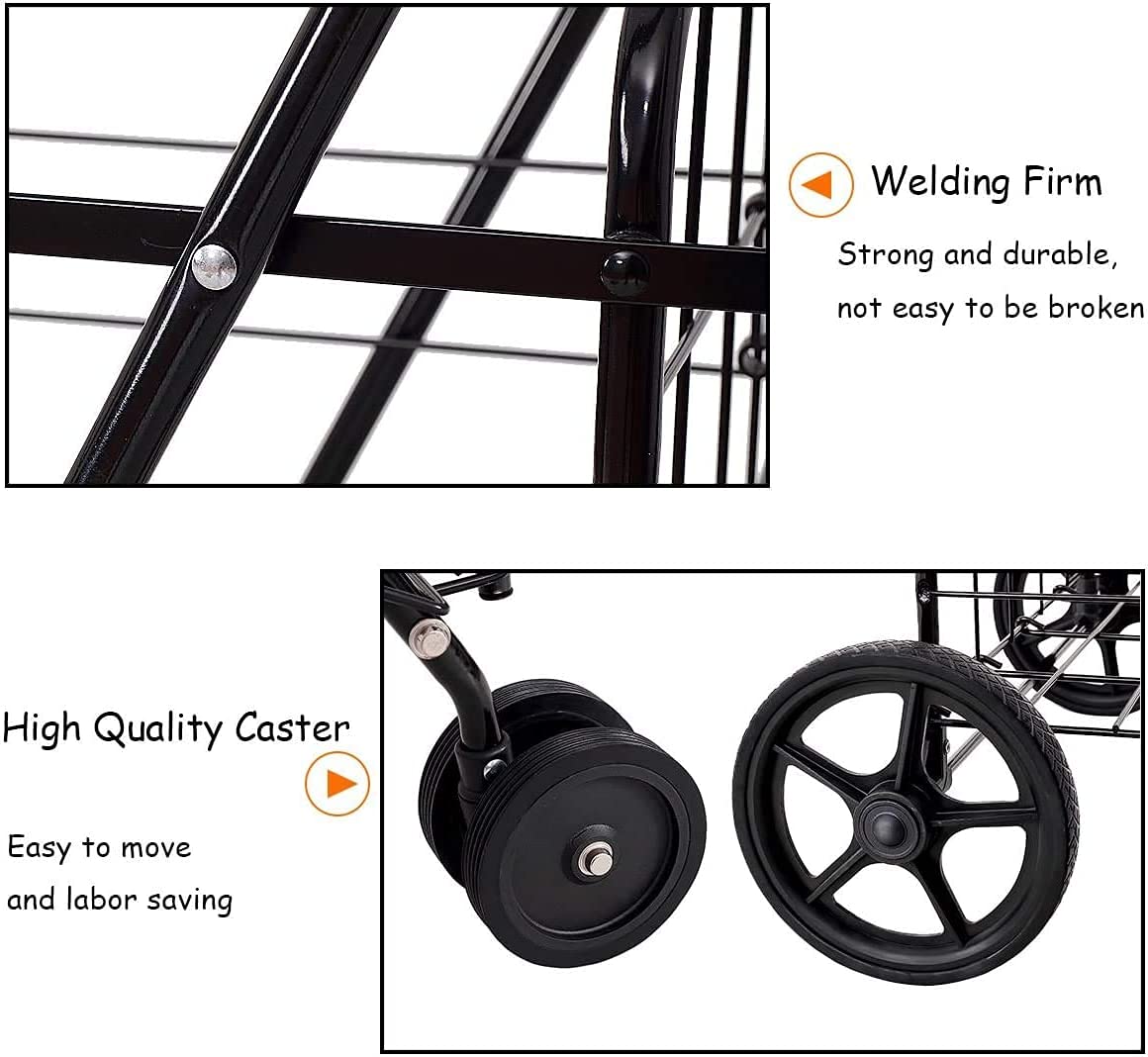SPSUPE Folding Shopping Cart, Large Utility Cart Hold Up to 90 Lbs, with Double Basket, 360° Rolling Swivel Wheels, Ideal for Grocery Laundry Luggage Travel, Multiple Uses Easy to Move (Black)