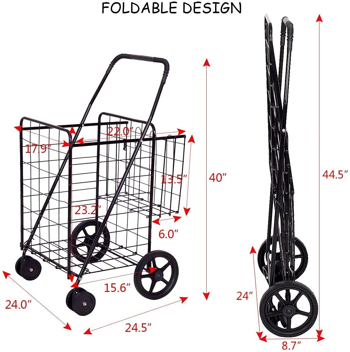 SPSUPE Folding Shopping Cart, Large Utility Cart Hold Up to 90 Lbs, with Double Basket, 360° Rolling Swivel Wheels, Ideal for Grocery Laundry Luggage Travel, Multiple Uses Easy to Move (Black)