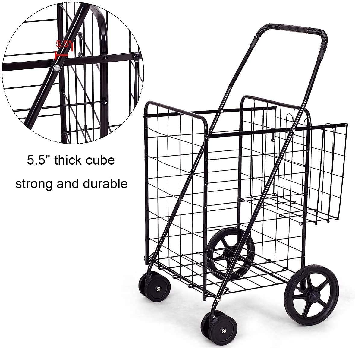 SPSUPE Folding Shopping Cart, Large Utility Cart Hold Up to 90 Lbs, with Double Basket, 360° Rolling Swivel Wheels, Ideal for Grocery Laundry Luggage Travel, Multiple Uses Easy to Move (Black)