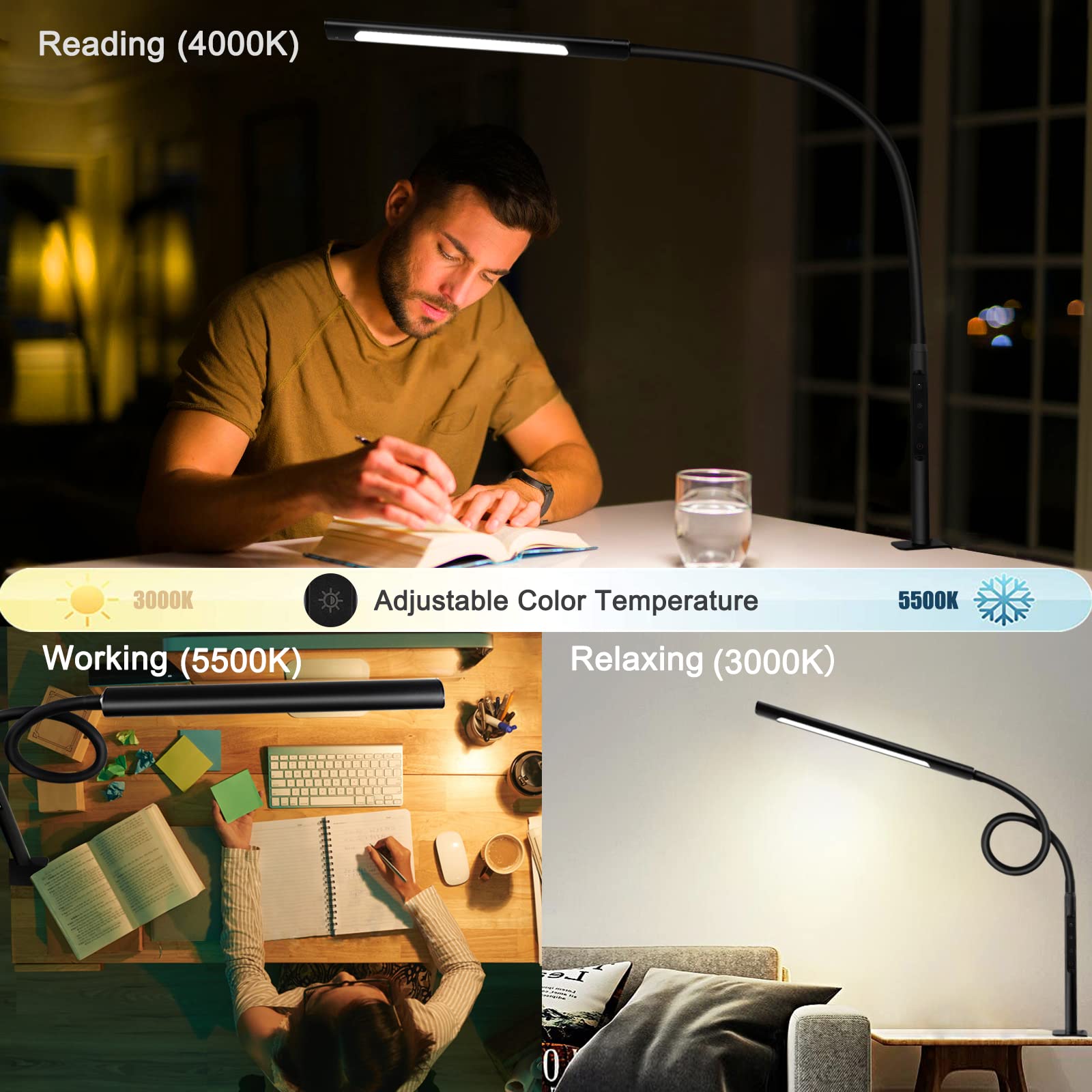 AmazLit Desk Lamp, Eye-Caring Desk Light, Gooseneck Lamp with Clamp, Adjustable Color Temperature & Brightness, Clip on Lamp with Memory & Timer Function, Clamp Lamp for Home Office, 12W, Black