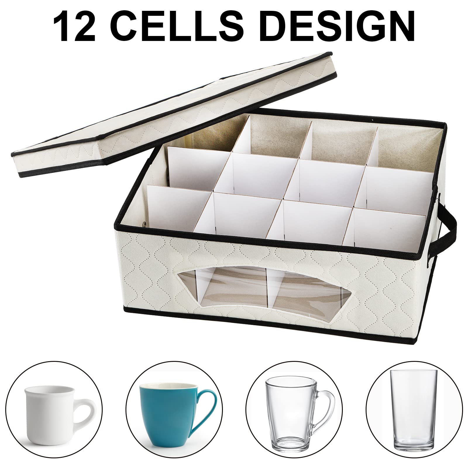 Dicunoy Mug and Cup Storage Box, China Storage Containers with Dividers, Holds 12 Glassware Storage Case with Lid and Handles for Tea Cups, Stoneware Cups, Christmas Mugs, Light Bulb