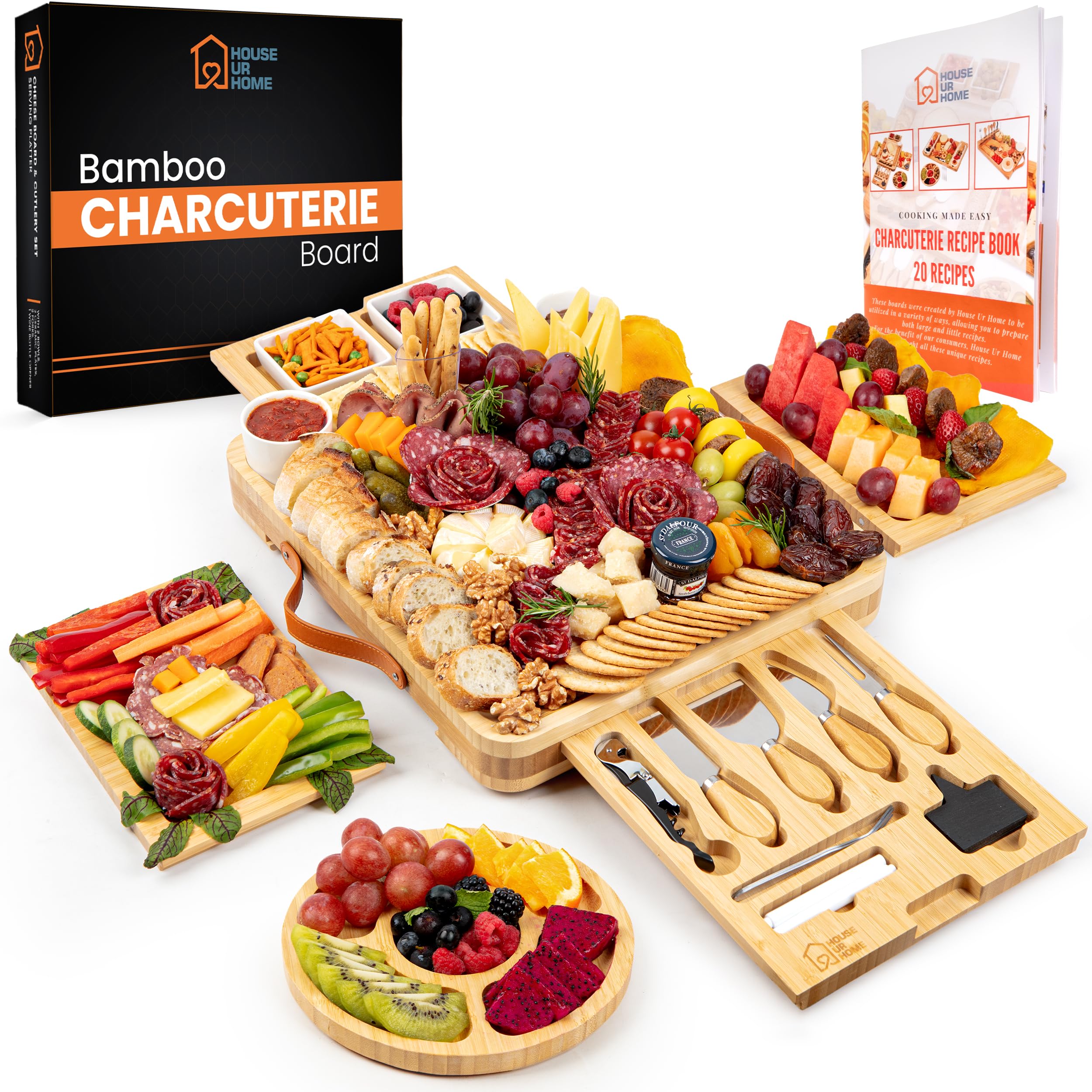 Cheese Board - 2 Ceramic Bowls 2 Serving Plates. Magnetic 4 Drawers Bamboo Charcuterie Cutlery Knife Set, Round Tray, 2 Forks, Wine Opener, Labels, Markers, Gift for Birthdays, Weddings, Housewarming