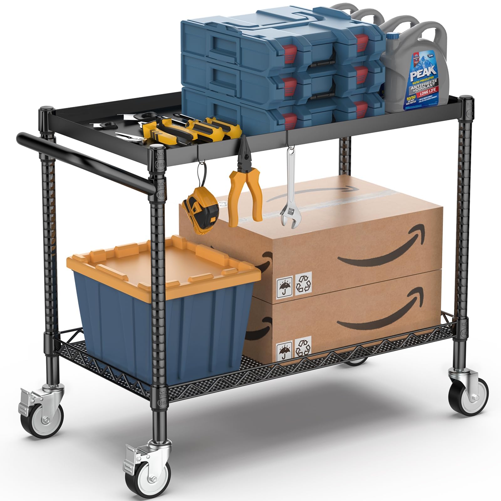 Leteuke 2 Tier Utility Cart with Wheels, NSF Certified 900LBS Capacity Heavy Duty Rolling Utility Carts with Handle Bar, Commercial Grade Metal Serving Storage Cart for Warehouse Kitchen, Gold