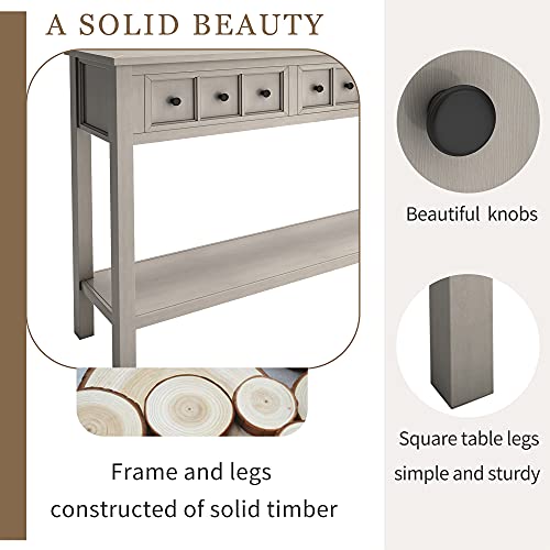 P PURLOVE Rustic Entryway Console Table, Sofa Tables Narrow Long 60 Inch with Two Different Size Drawers and 1 Shelf, Wood 2 Tiers Console Sofa Table, for Living Room Hallway Bedroom, Gray Wash