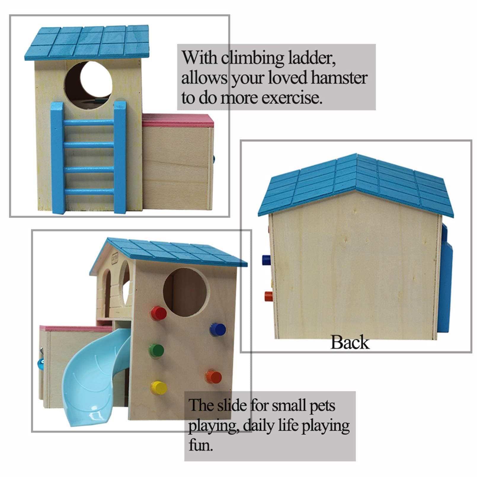 kathson Hamster House Pets Small Animal Hideout with Funny Climbing Ladder Slide Wooden Hut Play Toys Chews for Small Animals Like Dwarf Hamster and Mouse(Blue)
