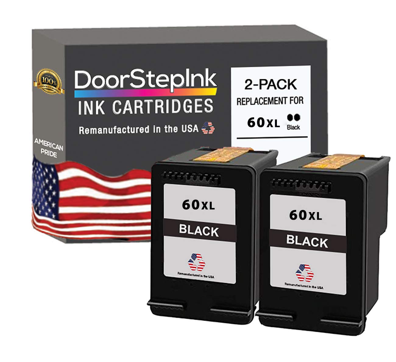 DoorStepInk Remanufactured in The USA Ink Cartridge Replacements for HP 60XL 60 XL 2 Black for PhotoSmart C4780 C4795 C4680 C4650 D110 D110a DeskJet F4480 F4280 F4580 D2530 D2545 D2680 Envy 100