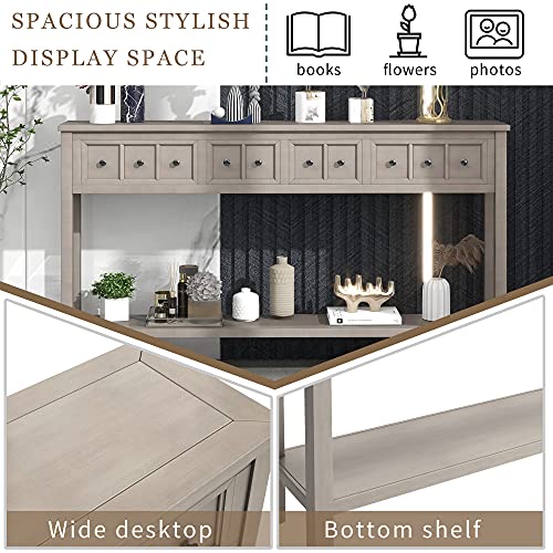 P PURLOVE Rustic Entryway Console Table, Sofa Tables Narrow Long 60 Inch with Two Different Size Drawers and 1 Shelf, Wood 2 Tiers Console Sofa Table, for Living Room Hallway Bedroom, Gray Wash