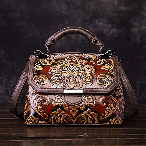 LMKIDS Genuine Leather Purses and Handbags for Women,Organizer Top Handle Satchel Vintage Embossing Totem Shoulder Bag (Red)