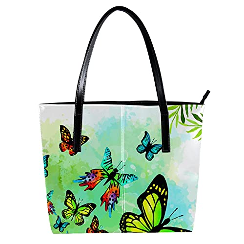 DEYYA Women's Leather Purse and Handbag, Large Capacity Top Handle Satchel Purses Shoulder Bag Butterflies Green