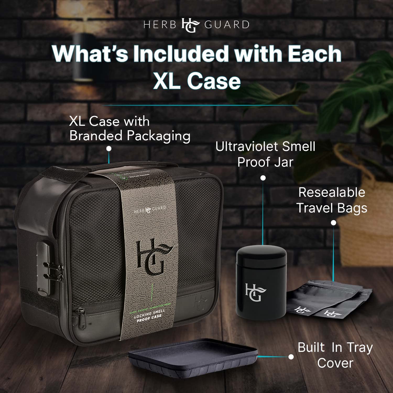 Herb Guard XL Smell Proof Bag & Stash Box with Combo Lock (Case Holds Up to 5 Ounces) - Includes YKK Zippers, 250ml / Half oz Smell Proof Jar, Built in Tray & Travel Bags (Black)