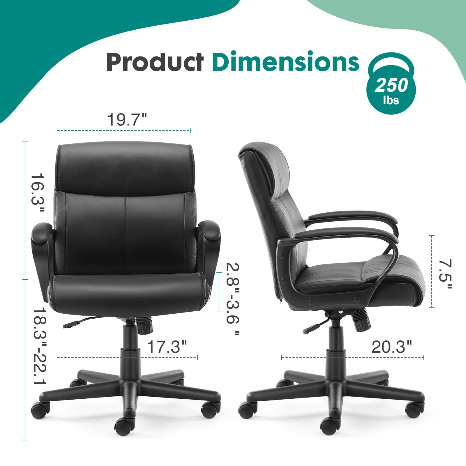 Executive Padded Mid-Back Home Office Desk Chair with Armrest, Adjustable Height Computer Chairs, 360-Degree Swivel, Leather, 250Lbs Capacity