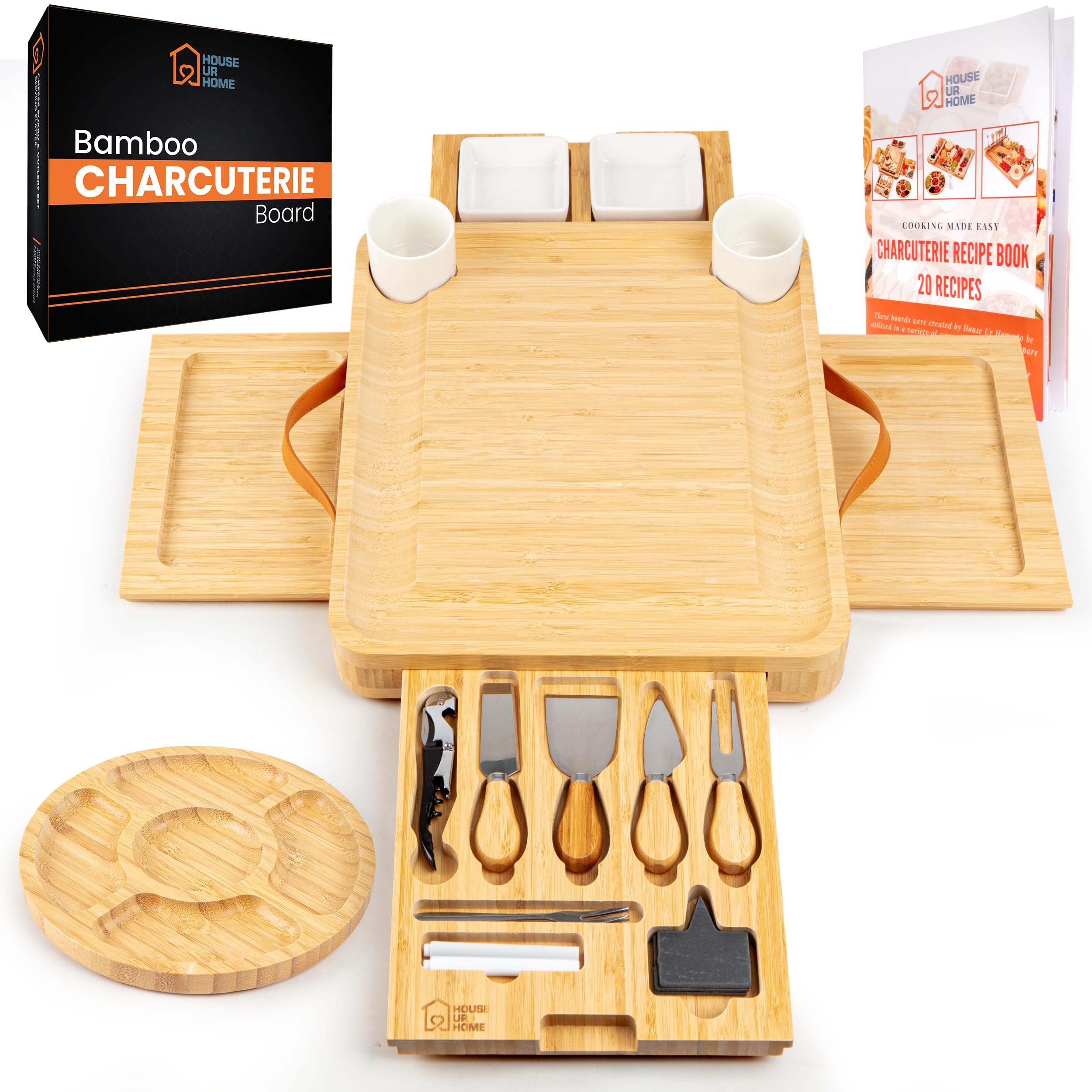 Cheese Board - 2 Ceramic Bowls 2 Serving Plates. Magnetic 4 Drawers Bamboo Charcuterie Cutlery Knife Set, Round Tray, 2 Forks, Wine Opener, Labels, Markers, Gift for Birthdays, Weddings, Housewarming