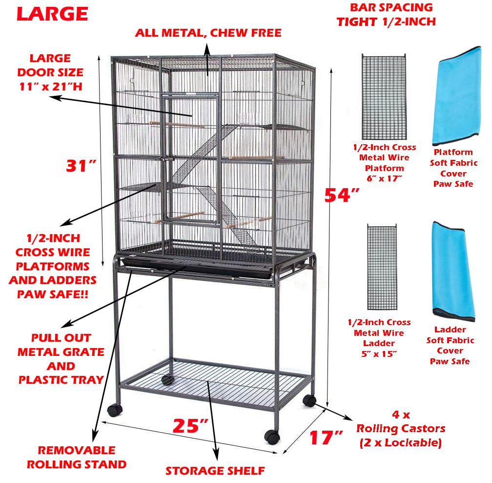 54" Large Wrought Iron 4-Tiers Chew Proof Tight 1/2-Inch Bar Spacing Ferret Chinchilla Sugar Glider Rats Mouse Cage with Detachable Rolling Stand
