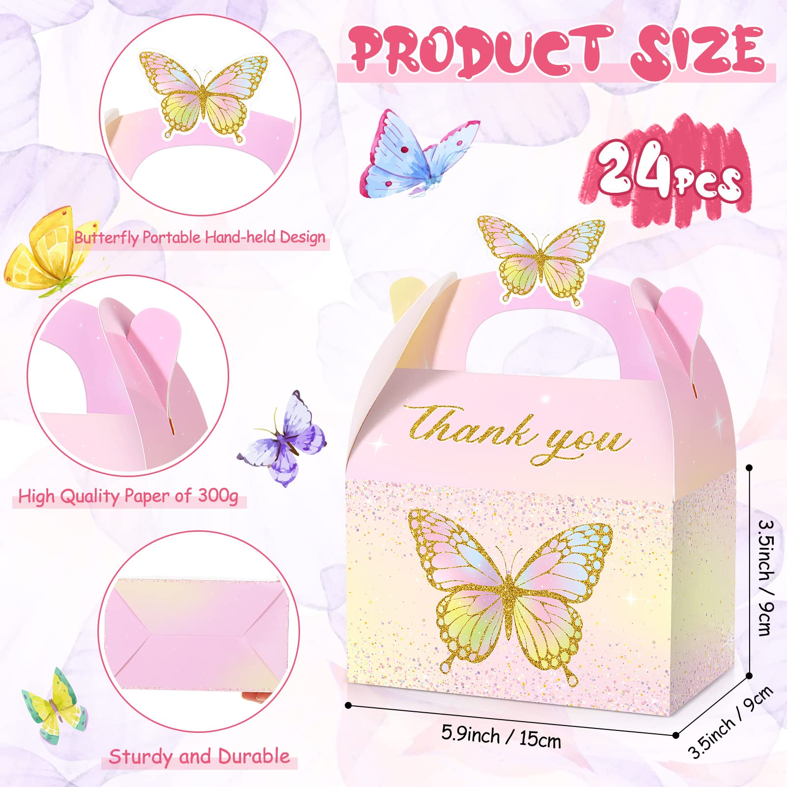 Nezyo 24 Pcs Butterfly Party Favor Treat Boxes, Pink and Purple Butterfly Floral Goodie Gable Candy Box Paper Gift Box for Birthday Party Supplies Baby Shower Wedding Party (Vivid Style, 24 Pcs)