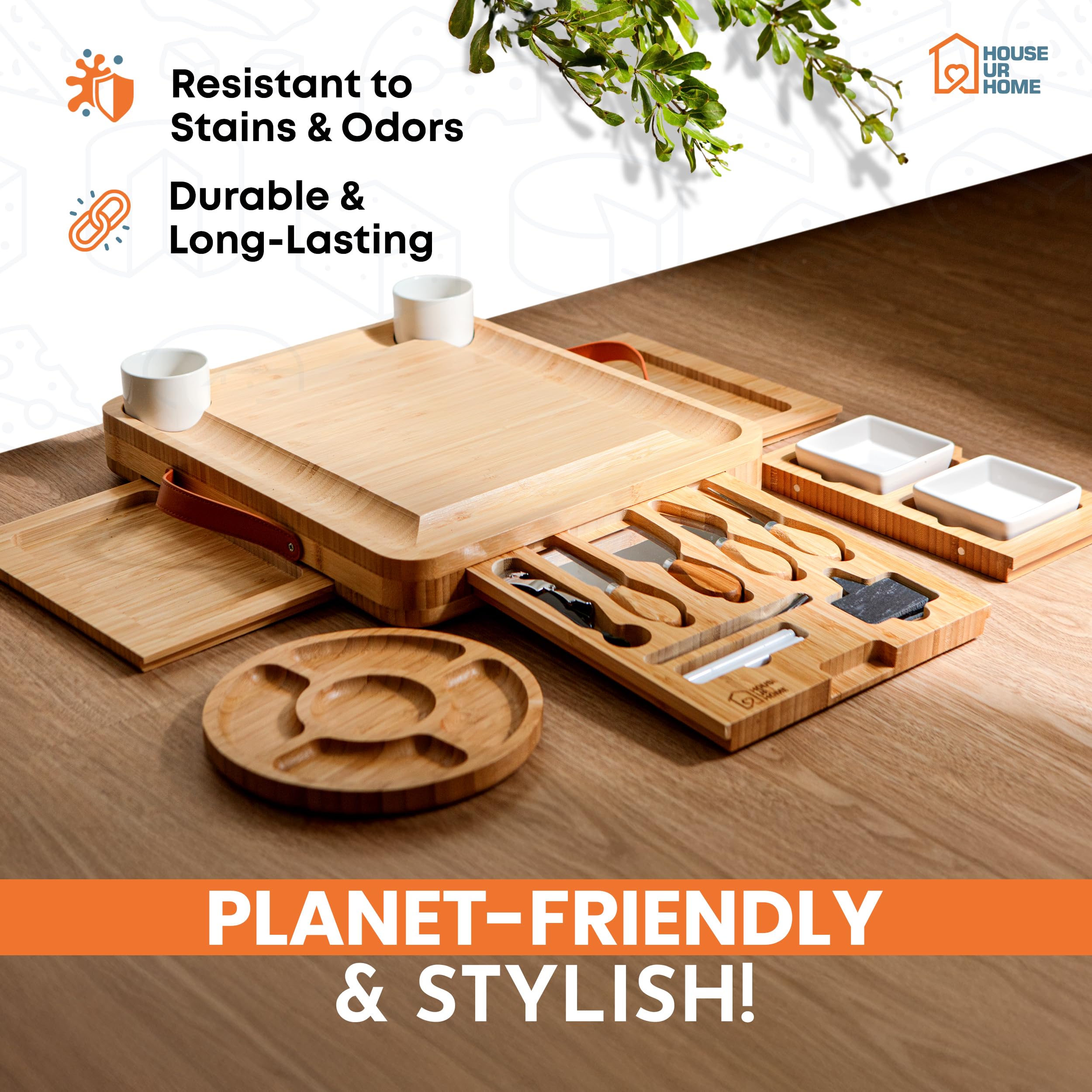 Cheese Board - 2 Ceramic Bowls 2 Serving Plates. Magnetic 4 Drawers Bamboo Charcuterie Cutlery Knife Set, Round Tray, 2 Forks, Wine Opener, Labels, Markers, Gift for Birthdays, Weddings, Housewarming
