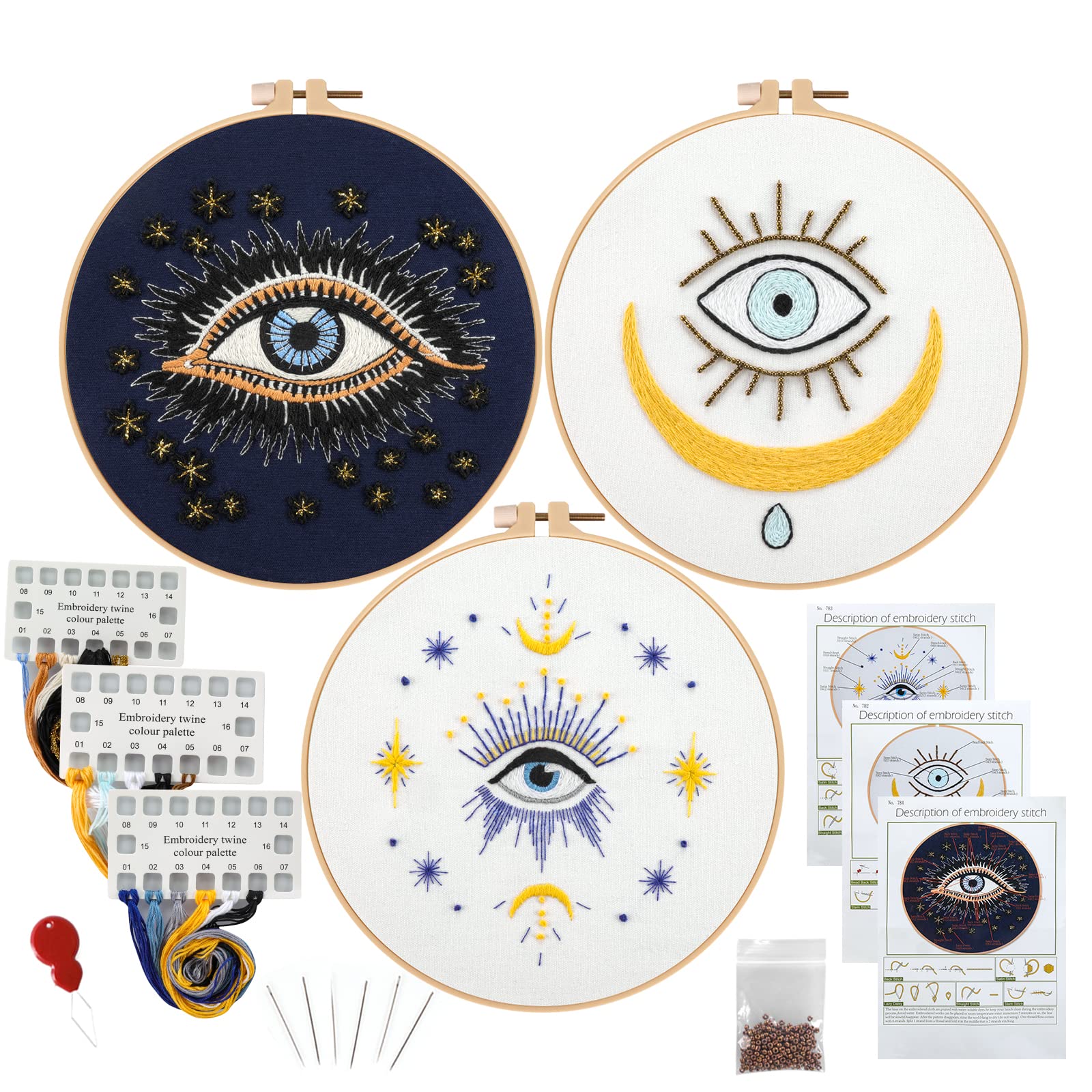 Anidaroel 3 Sets Evil Eye Embroidery Starters Kit for Beginners, Stamped Cross Stitch Kits for Beginners Adults Include Embroidery Cloth, Embroidery Hoops, Threads and Needles