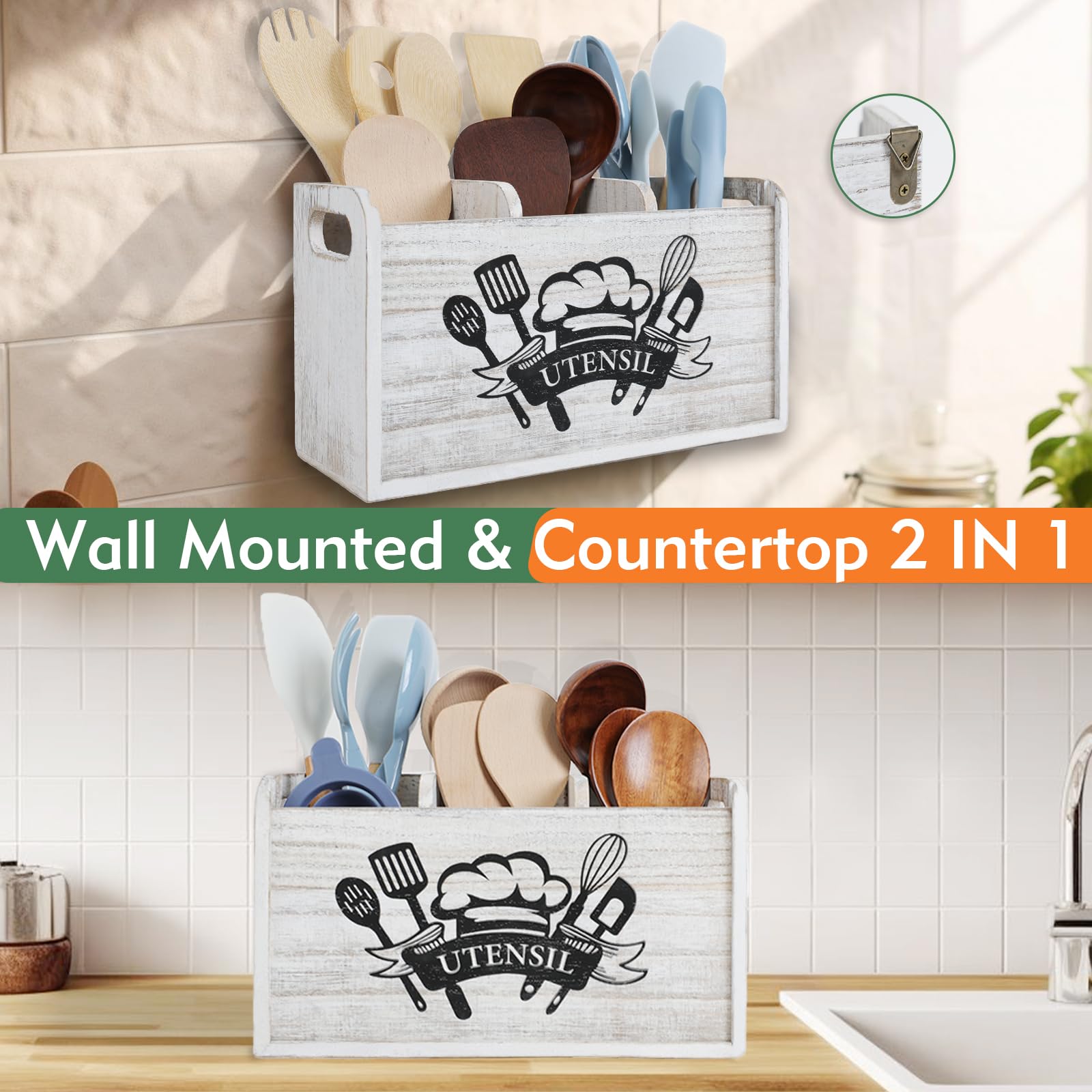 Fabuday Kitchen Utensil Holder for Counter Wooden - Extra Large Cooking Utensil Caddy for Spoon, Spatula Utensils, Rustic Farmhouse Utensils Organizer Countertop