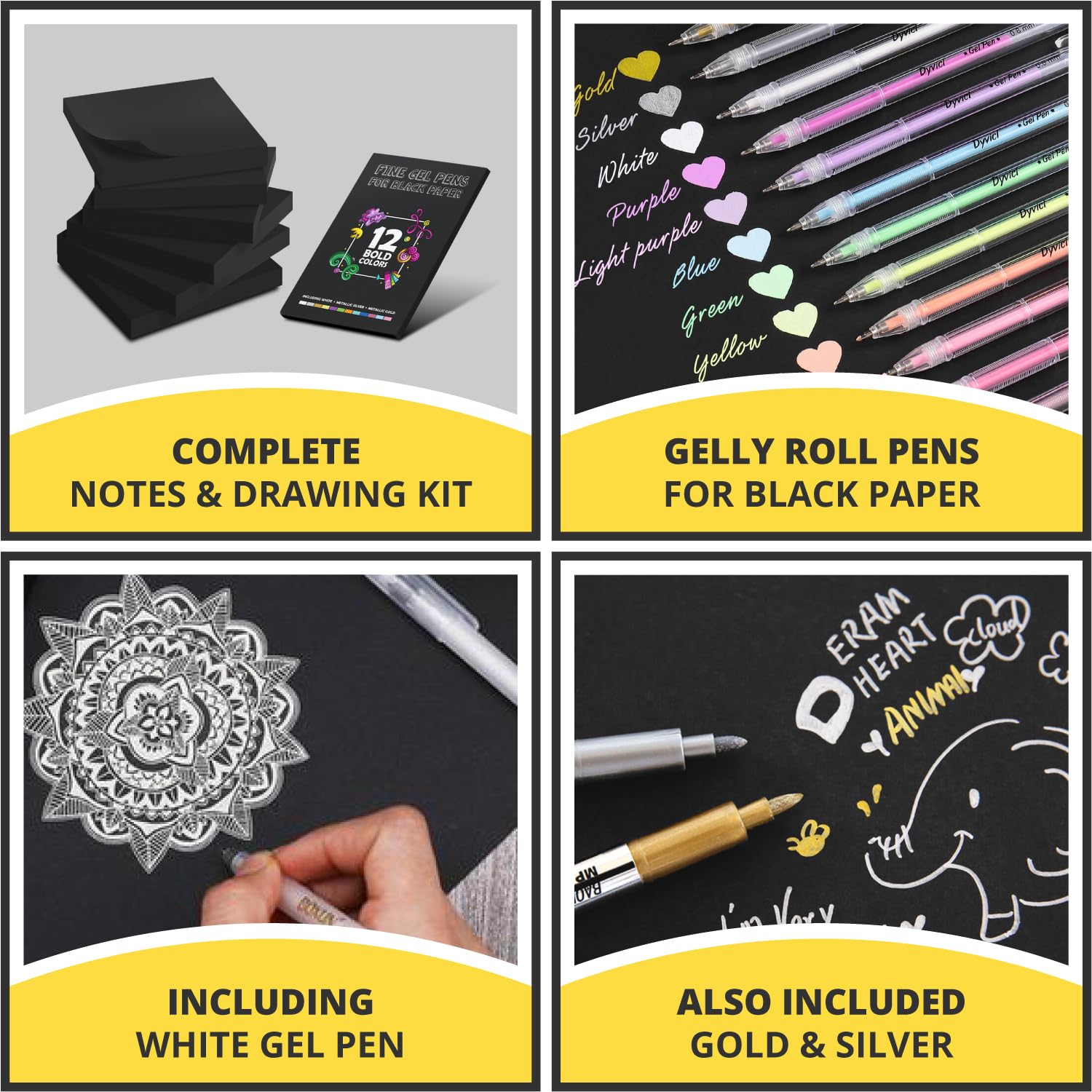 Black Sticky Notes and Gel Pens for Black Paper | 12 Metallic Pens for Black Paper, Including White Gel Pen, Gold and Silver | 3x3 Unique Sticky Notes 500ct | Gel Pens and Black Sticky Notes