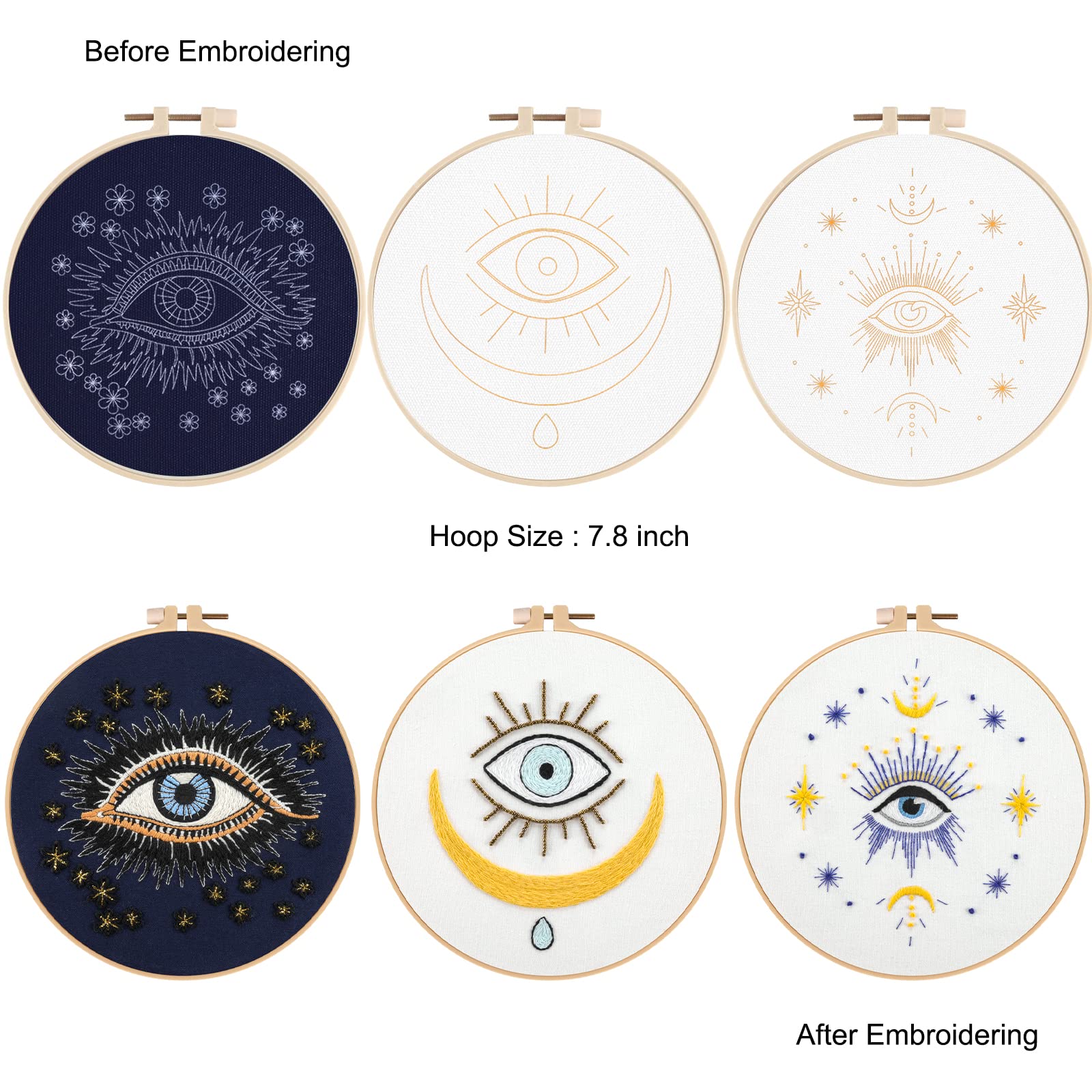 Anidaroel 3 Sets Evil Eye Embroidery Starters Kit for Beginners, Stamped Cross Stitch Kits for Beginners Adults Include Embroidery Cloth, Embroidery Hoops, Threads and Needles