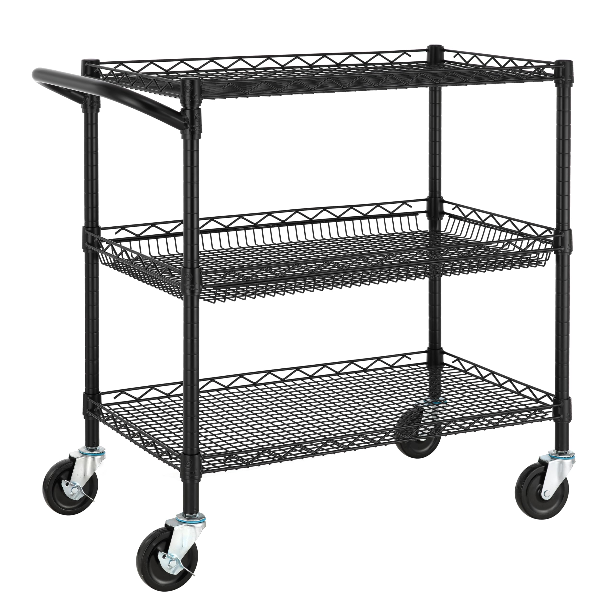 Finnhomy 3 Tier Heavy Duty Commercial Grade Utility Cart, Wire Rolling Cart with Handle Bar, Steel Service Cart with Wheels, Kitchen Cart on Wheels, Food Storage Trolley, NSF Listed, Black