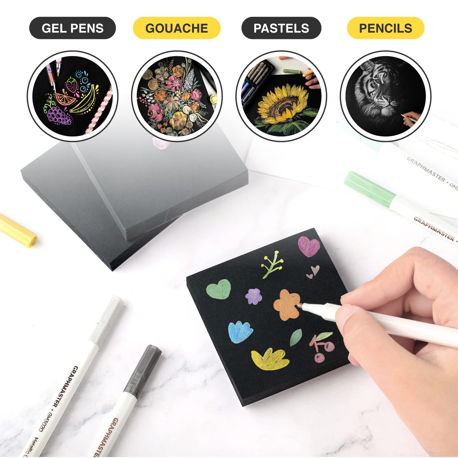 Black Sticky Notes and Gel Pens for Black Paper | 12 Metallic Pens for Black Paper, Including White Gel Pen, Gold and Silver | 3x3 Unique Sticky Notes 500ct | Gel Pens and Black Sticky Notes