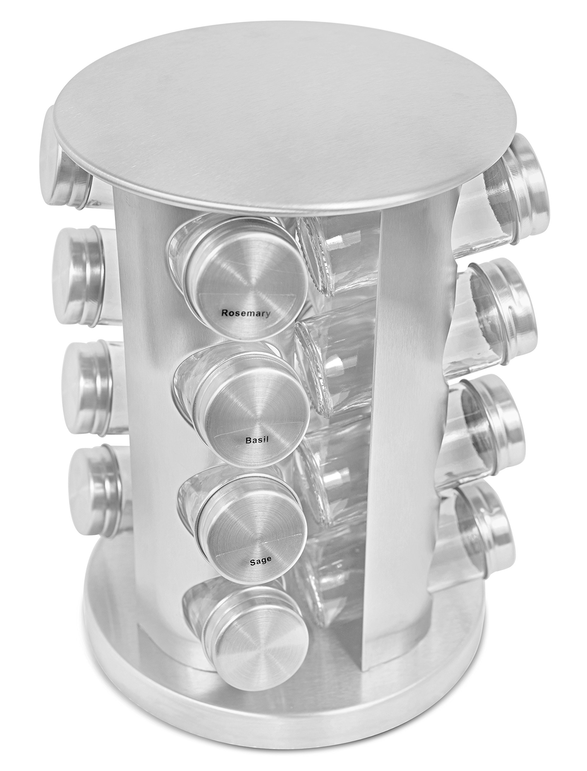 Internet's Best Revolving Spice Tower - Round Spice Rack - Set of 16 Spice Jars - Seasoning Storage Organization - Stainless Steel