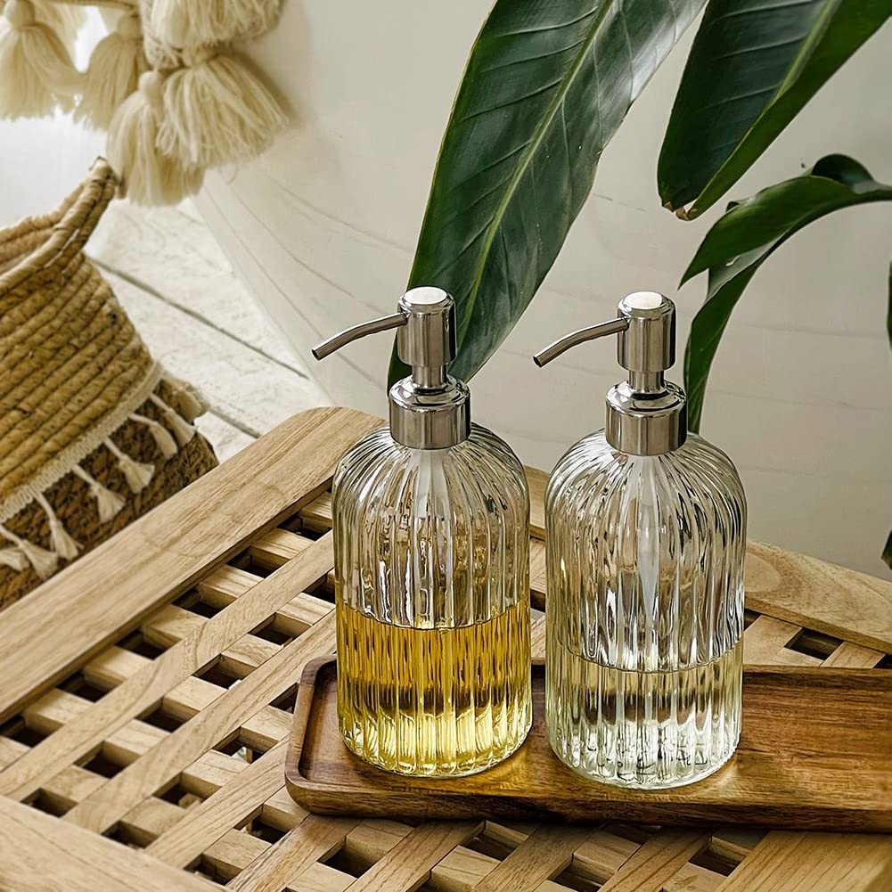 JASAI 2PACK 18 Oz Glass Soap Dispenser with Rust Proof Stainless Steel Pump, Refillable Hand Soap Dispenser with Vertical Stripe, Premium Bathroom Soap Dispenser for Kitchen & Bathroom.