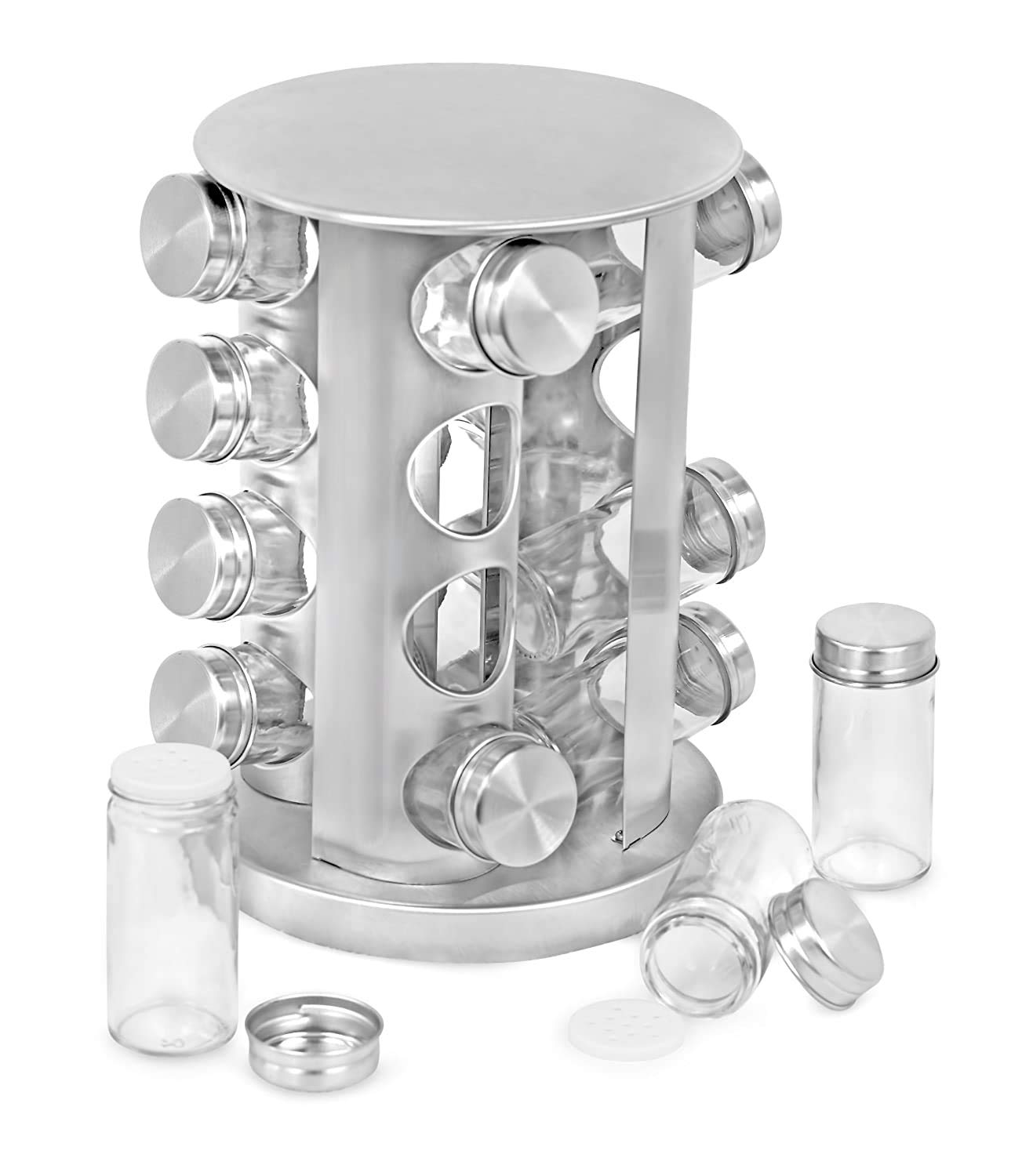 Internet's Best Revolving Spice Tower - Round Spice Rack - Set of 16 Spice Jars - Seasoning Storage Organization - Stainless Steel
