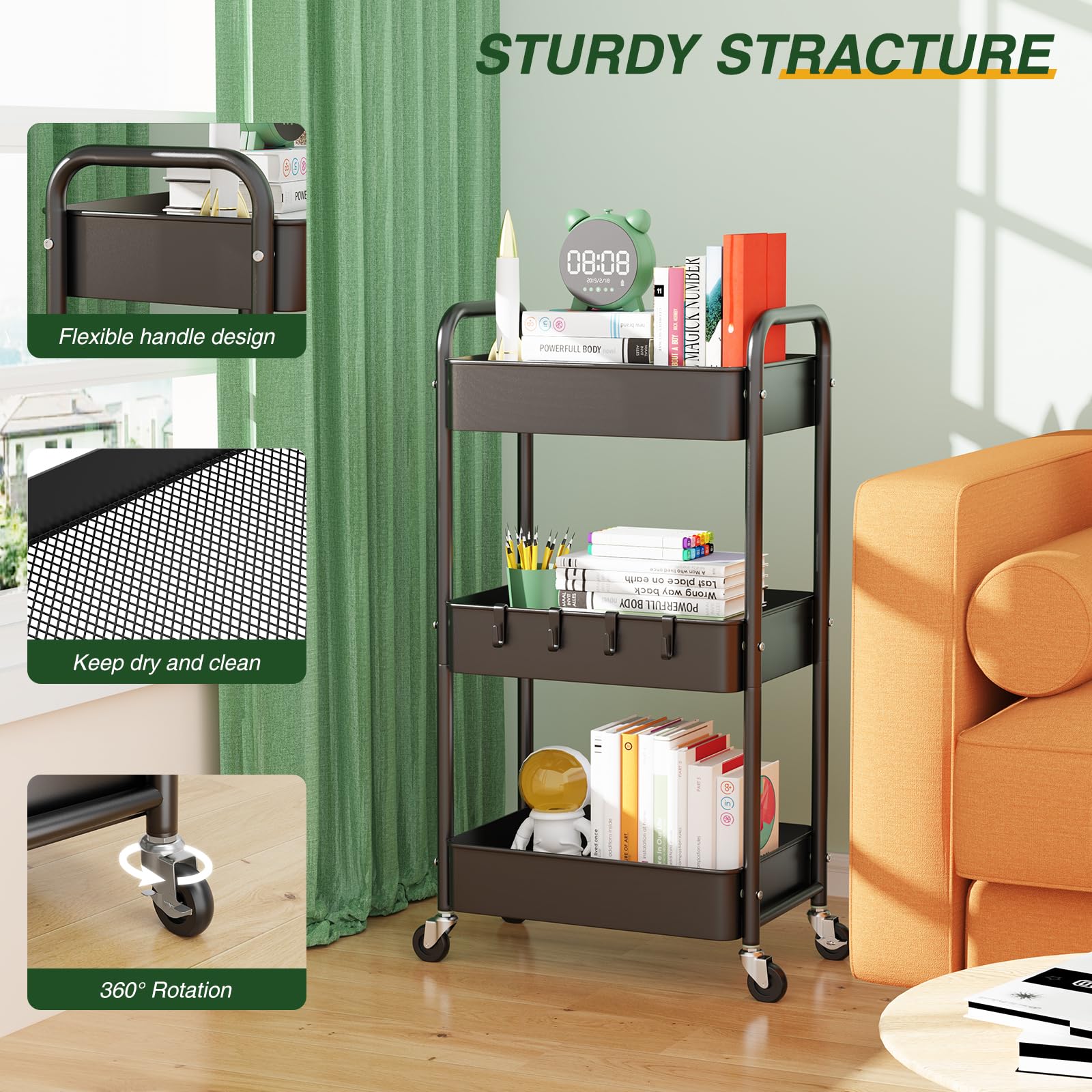 LEHOM 3 Tier Rolling Utility Cart, Metal Trolley Cart with Wheels, Hooks, Easy Assembly Organizer Storage Cart for Bathroom, Kitchen, Office, Bedroom(Black)