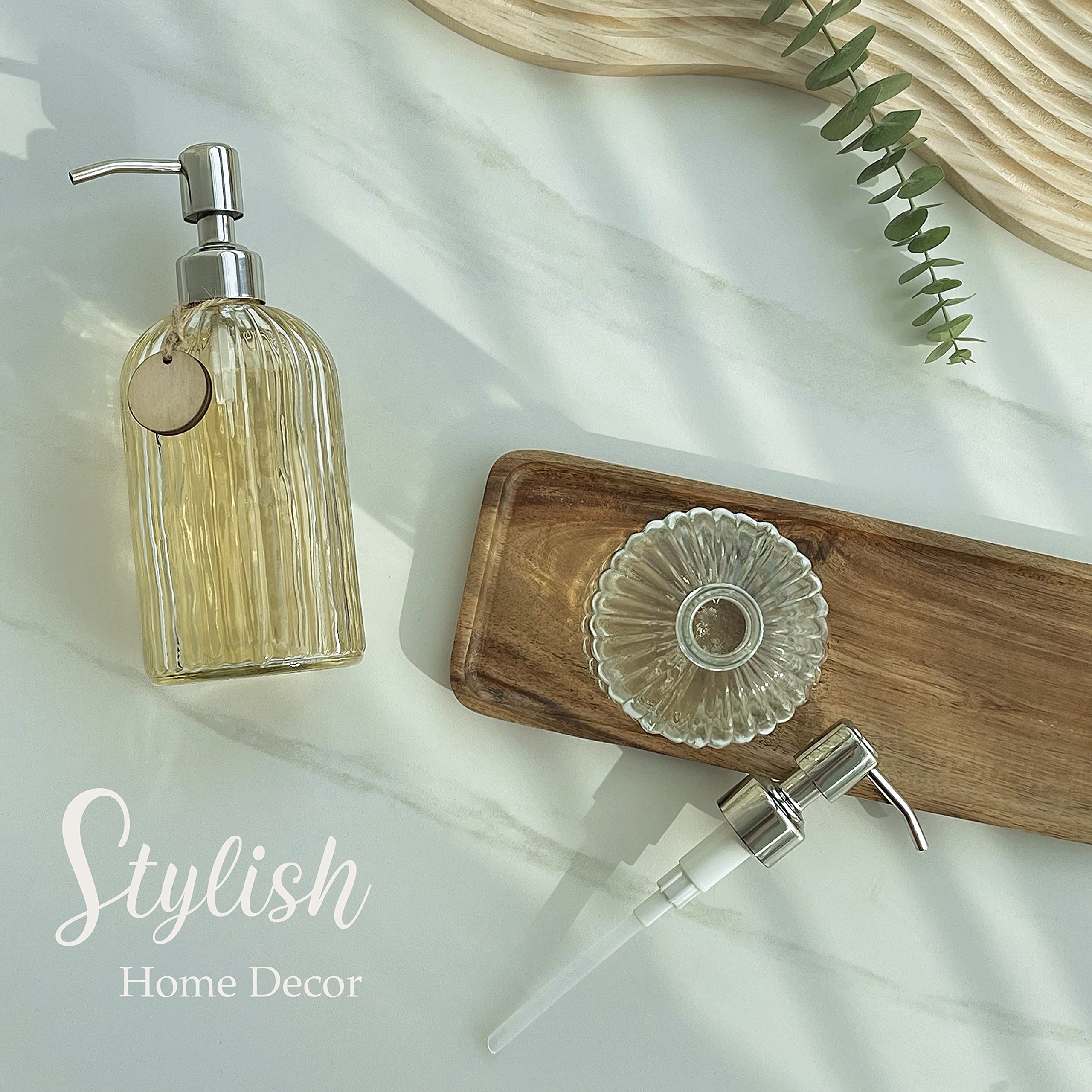 JASAI 2PACK 18 Oz Glass Soap Dispenser with Rust Proof Stainless Steel Pump, Refillable Hand Soap Dispenser with Vertical Stripe, Premium Bathroom Soap Dispenser for Kitchen & Bathroom.